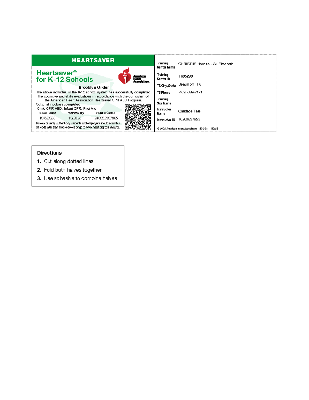 Student e Card - HEARTSAVER Issue Date Renew By eCard Code Training ...