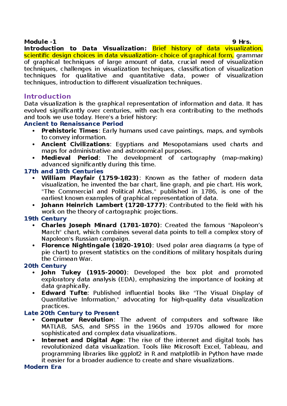 Module 1 - About Data Visualization - Module -1 9 Hrs. Introduction to Data Visualization: Brief ...