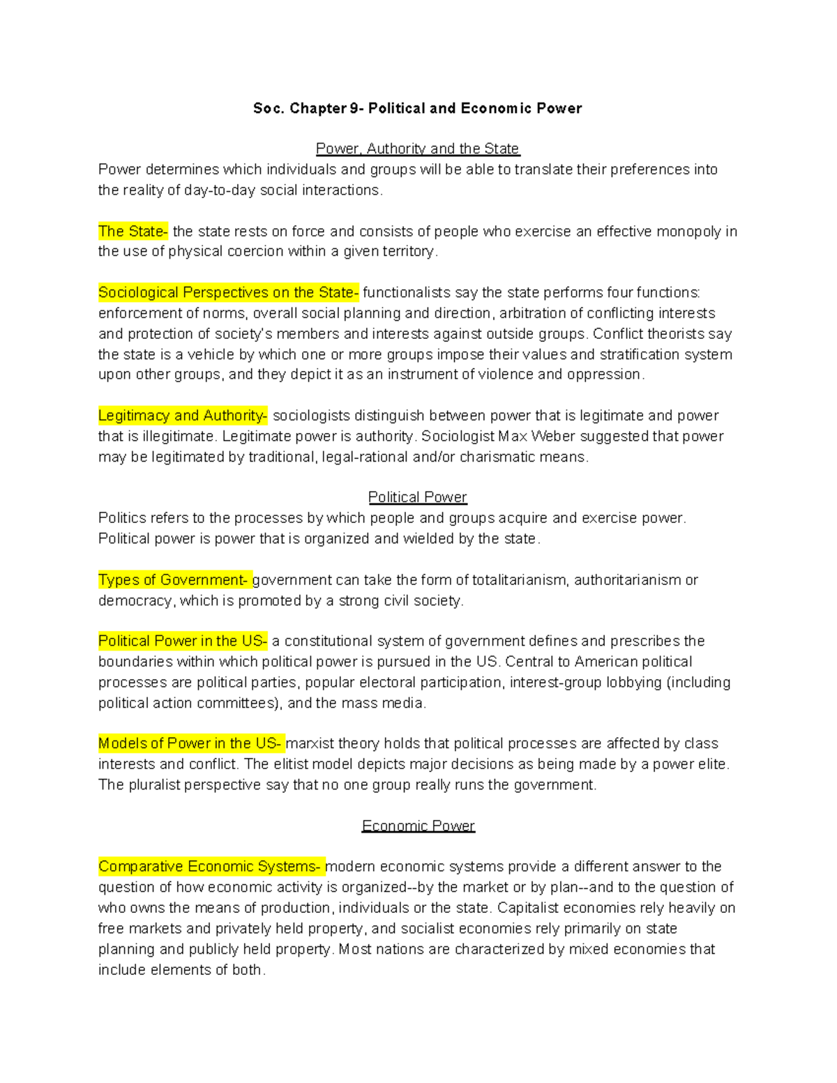 Soc. Chapter 9 - Lecture notes 9 - Soc. Chapter Political and Economic ...