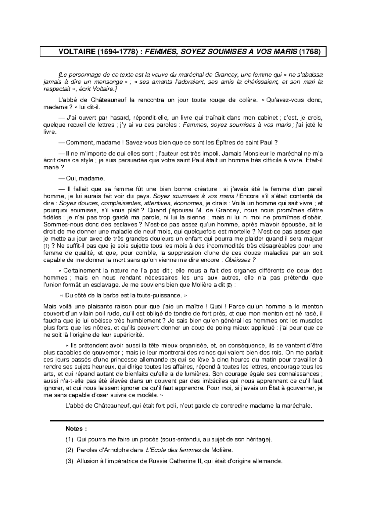 14 Voltaire extrait de Femmes Soyez Soumises A VOS Maris - VOLTAIRE (1694-1778) : FEMMES, SOYEZ ...