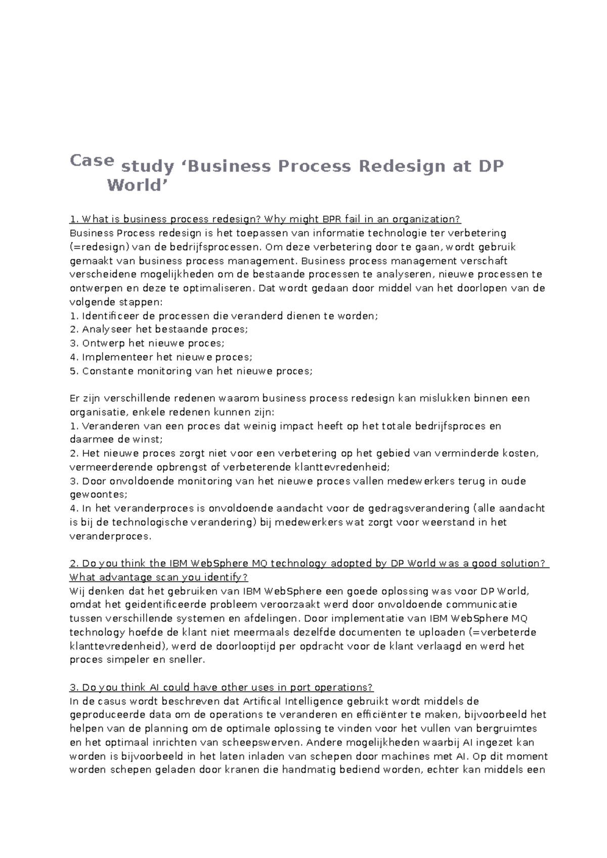 Case study Business Process Redesign at DP World - Case study ‘Business ...