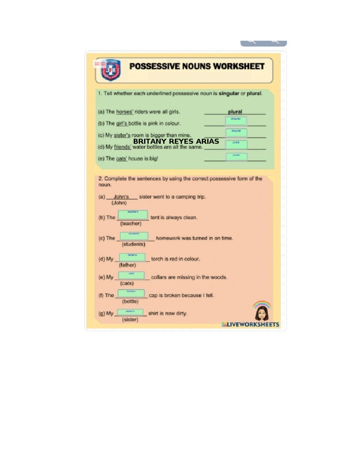 Homework - Possessive Nouns - STUTUTO JFR POSSESSIVE NOUNS WORKSHEET 1 ...