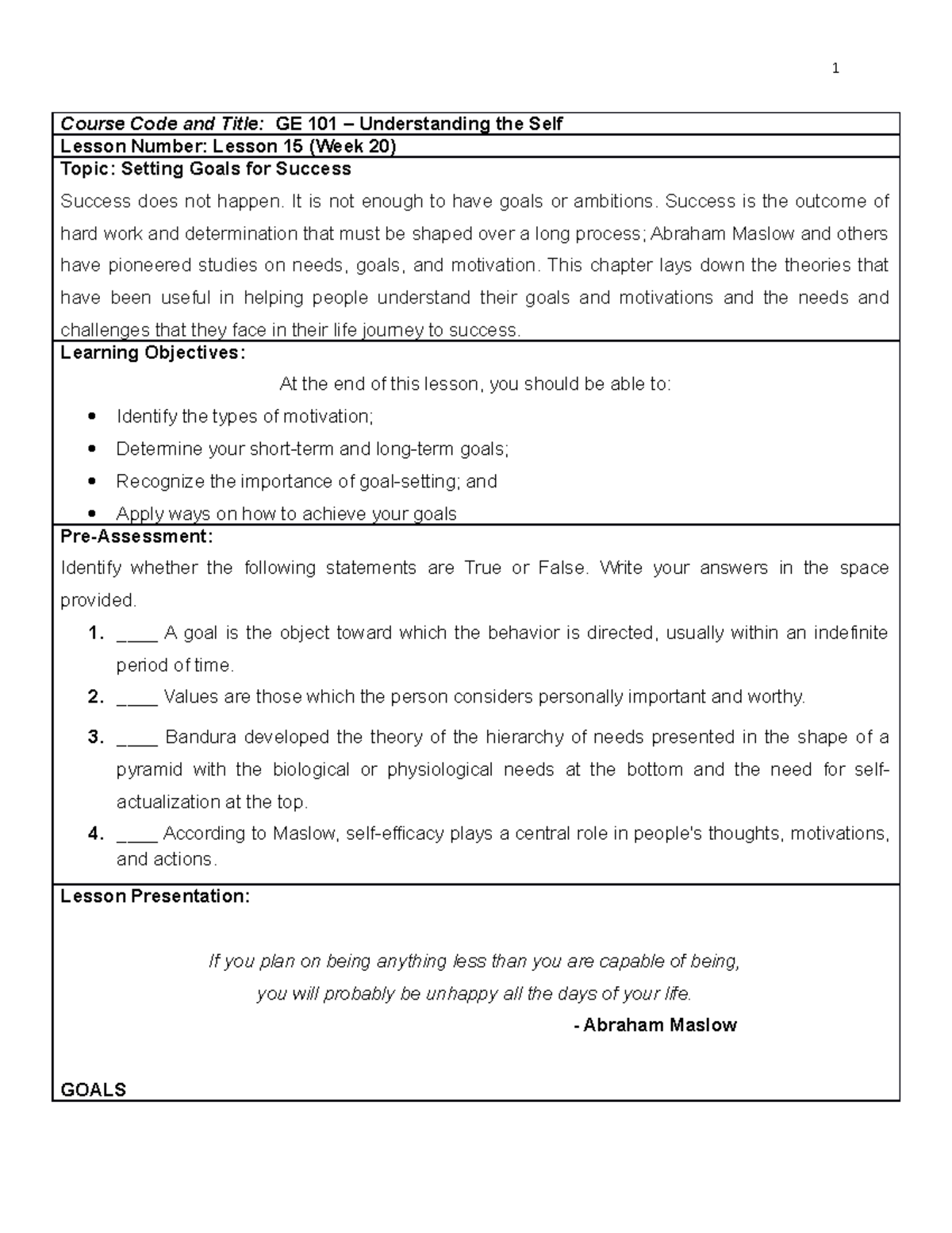 M15-UTS Setting-Goals-for-Success - Course Code and Title: GE 101 ...