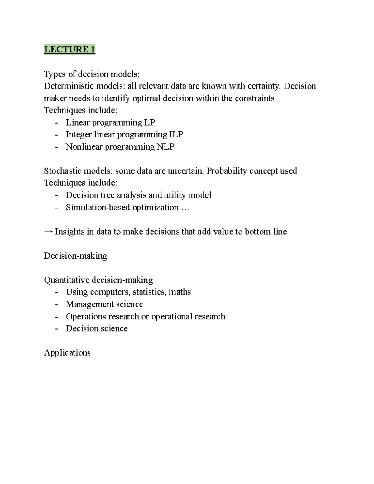 Bda Lecture 1 Lecture 1 Types Of Decision Models Deterministic Models All Relevant Data Are