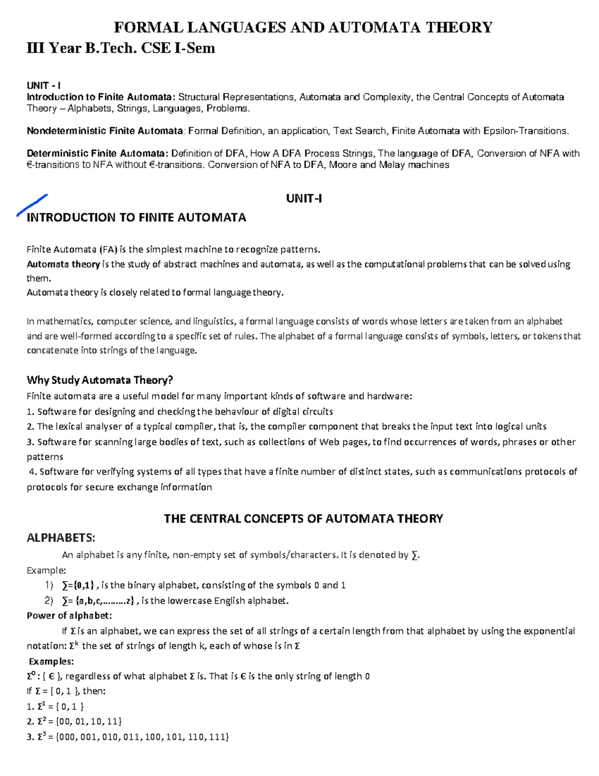 Introduction-DFA-NFA - FORMAL LANGUAGES AND AUTOMATA THEORY III Year B. CSE I-Sem UNIT - I - Studocu