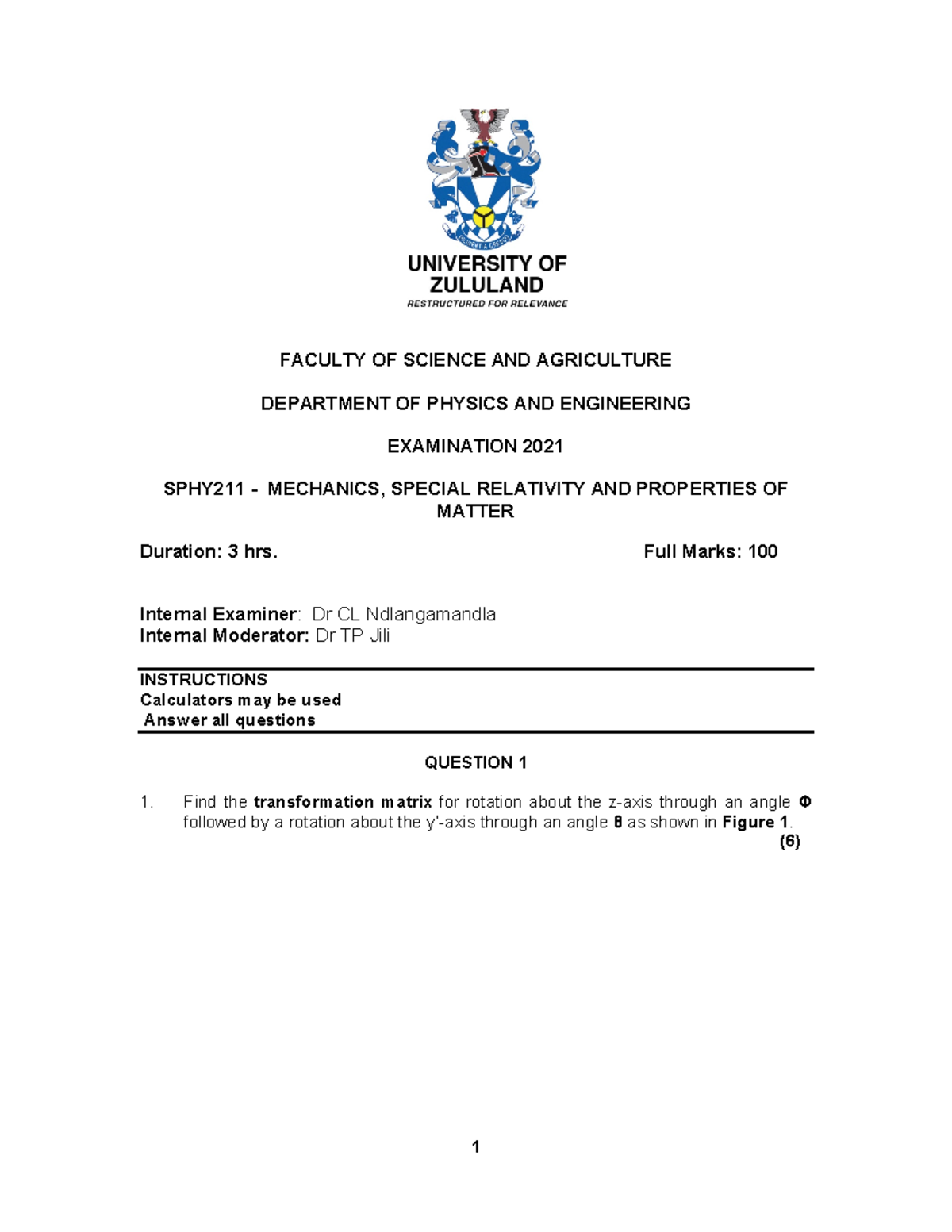 Final Exam 2021 - PREVIOUS EXAM QUESTION PAPER - FACULTY OF SCIENCE AND ...