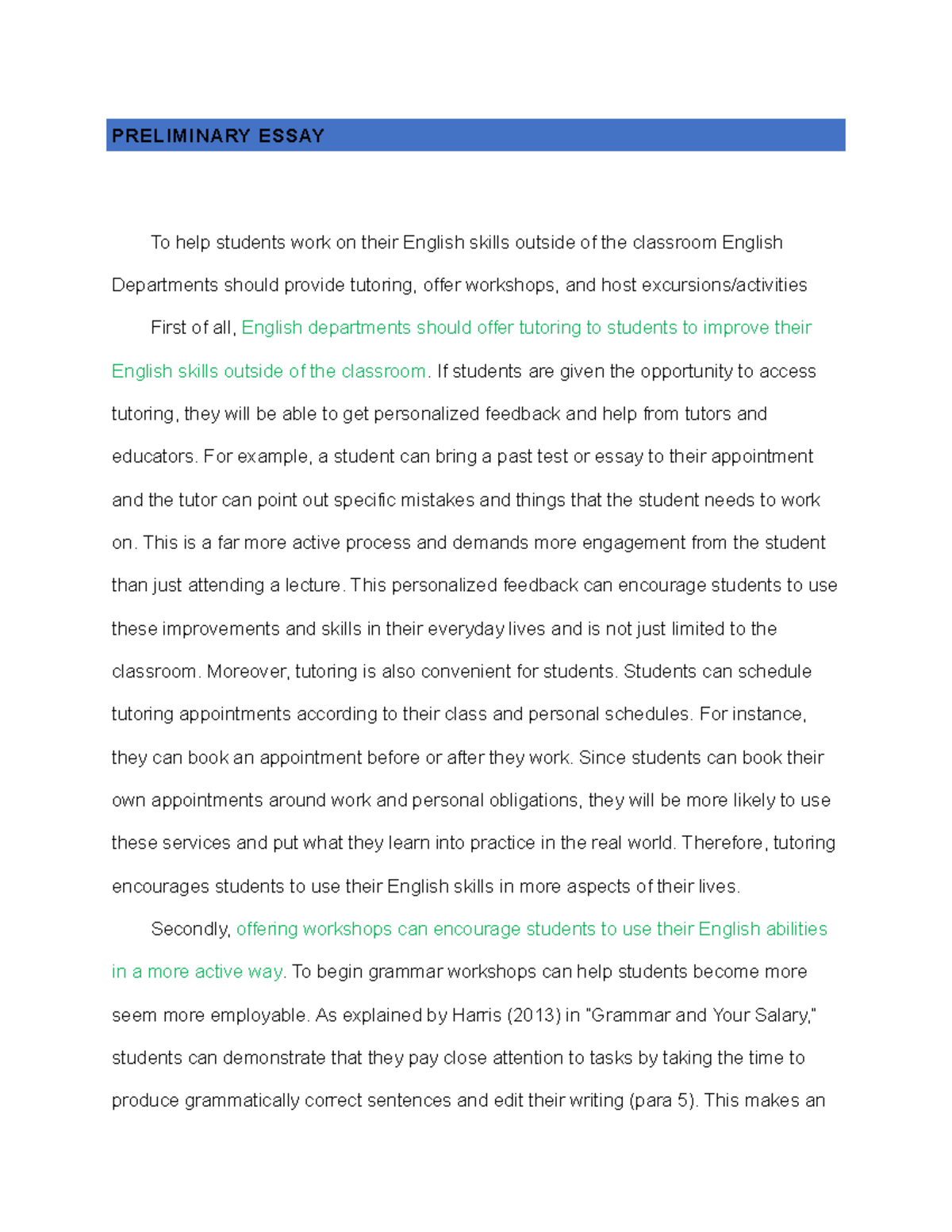 Preliminary Essay Example - PRELIMINARY ESSAY To help students work on ...