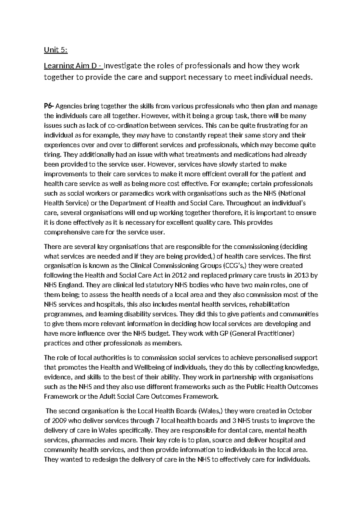 Learning Aim D - Copy - Unit 5: Learning Aim D - Investigate the roles ...