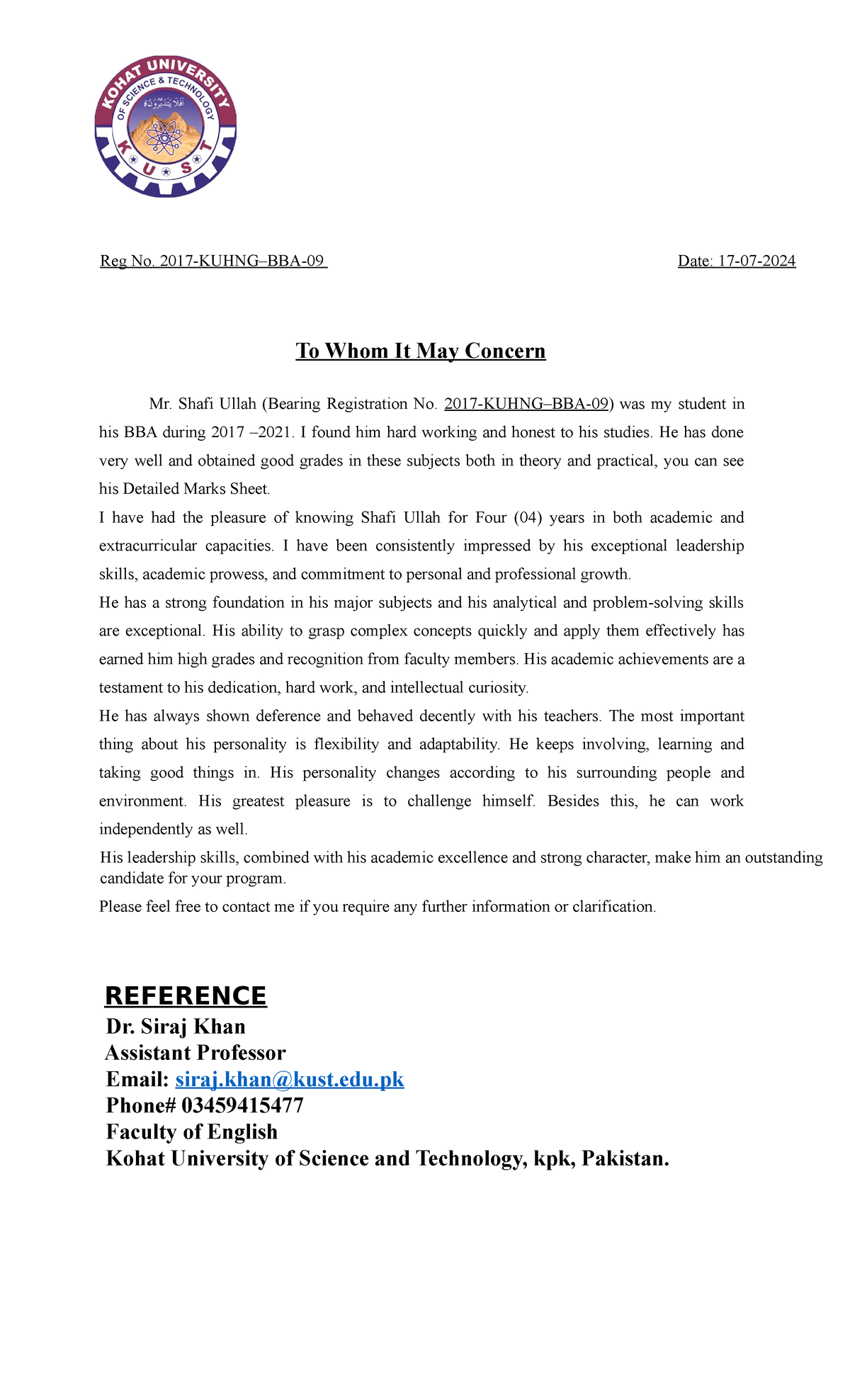 Shafi 2 reference letter - Reg No. 2017-KUHNG–BBA-09 Date: 17-07- To ...