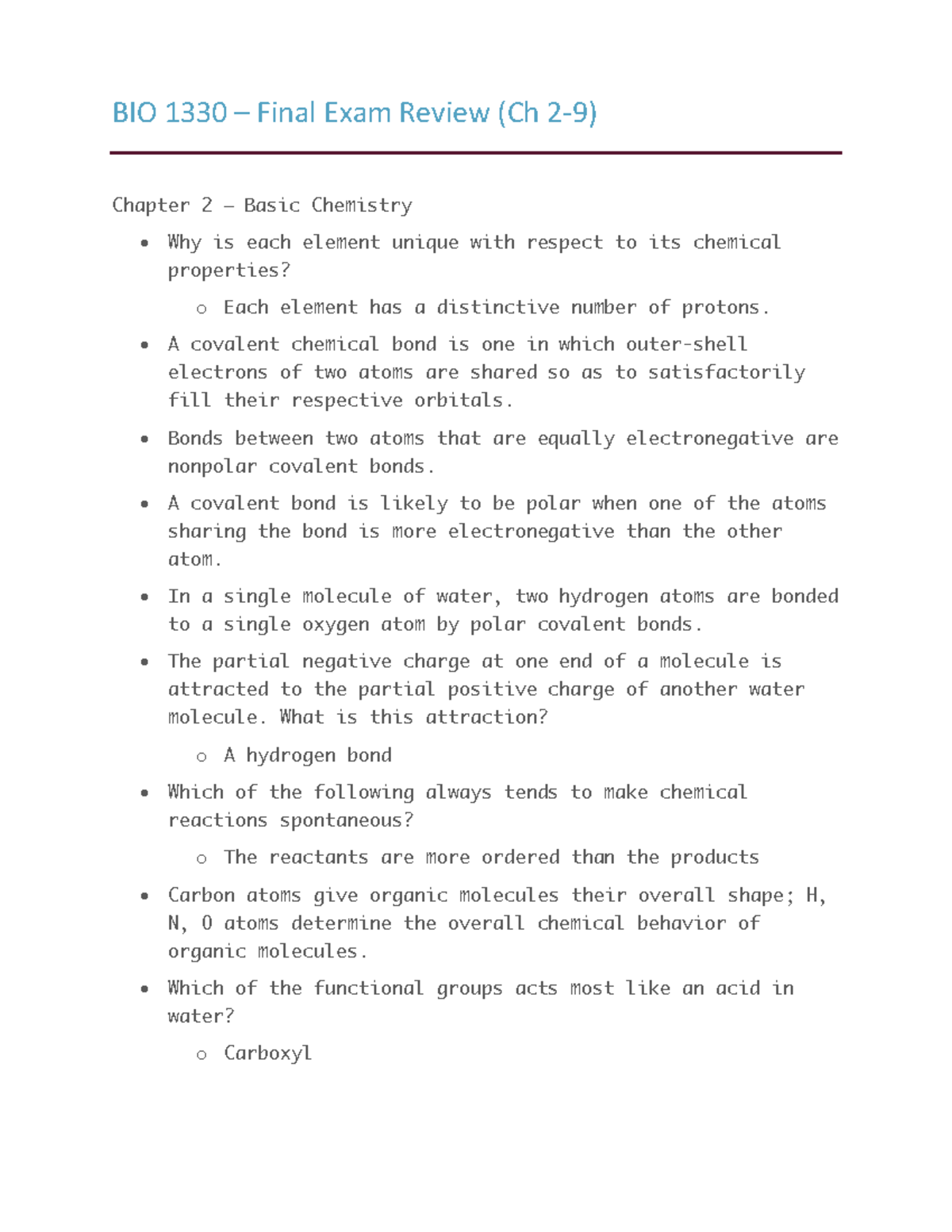 BIO 1330 final exam review 1 - Warning: TT: undefined function: 32 BIO 1330 – Final Exam Review ...