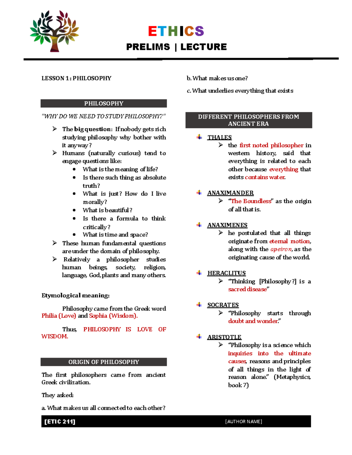ETIC 211 Reviewer - PRELIMS | LECTURE LESSON 1: PHILOSOPHY PHILOSOPHY “WHY DO WE NEED TO STUDY ...