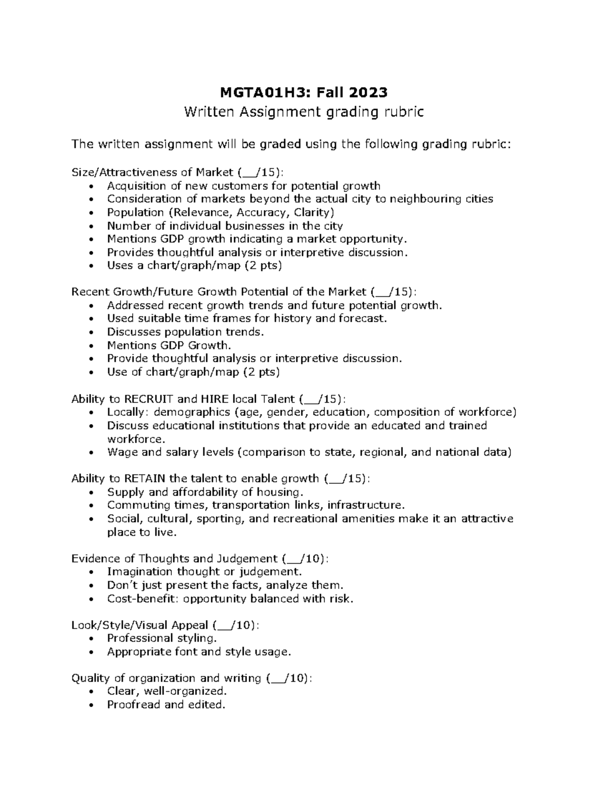 Written Assignment Grading Rubric - MGTA01H3: Fall 2023 Written ...