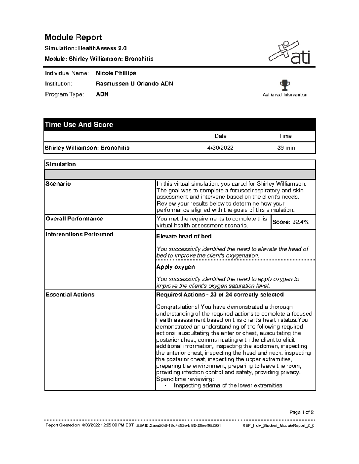 NPhillips ATISim Williams 043022 - Module Report Achieved Intervention ...
