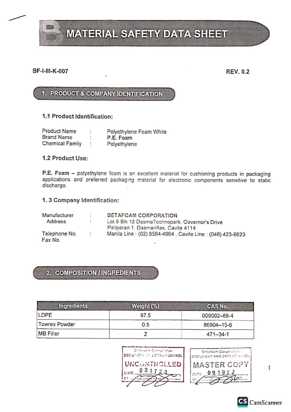 2022 - MSDS PE FOAM - Reference of MSDS - MATERIAL SAFETY DATA SHEET REV. 0 1. PRODUCT COMPANY ...
