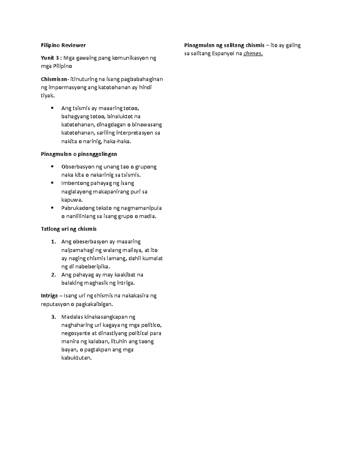 Fili - Notes - Filipino Reviewer Yunit 3 : Mga gawaing pang ...