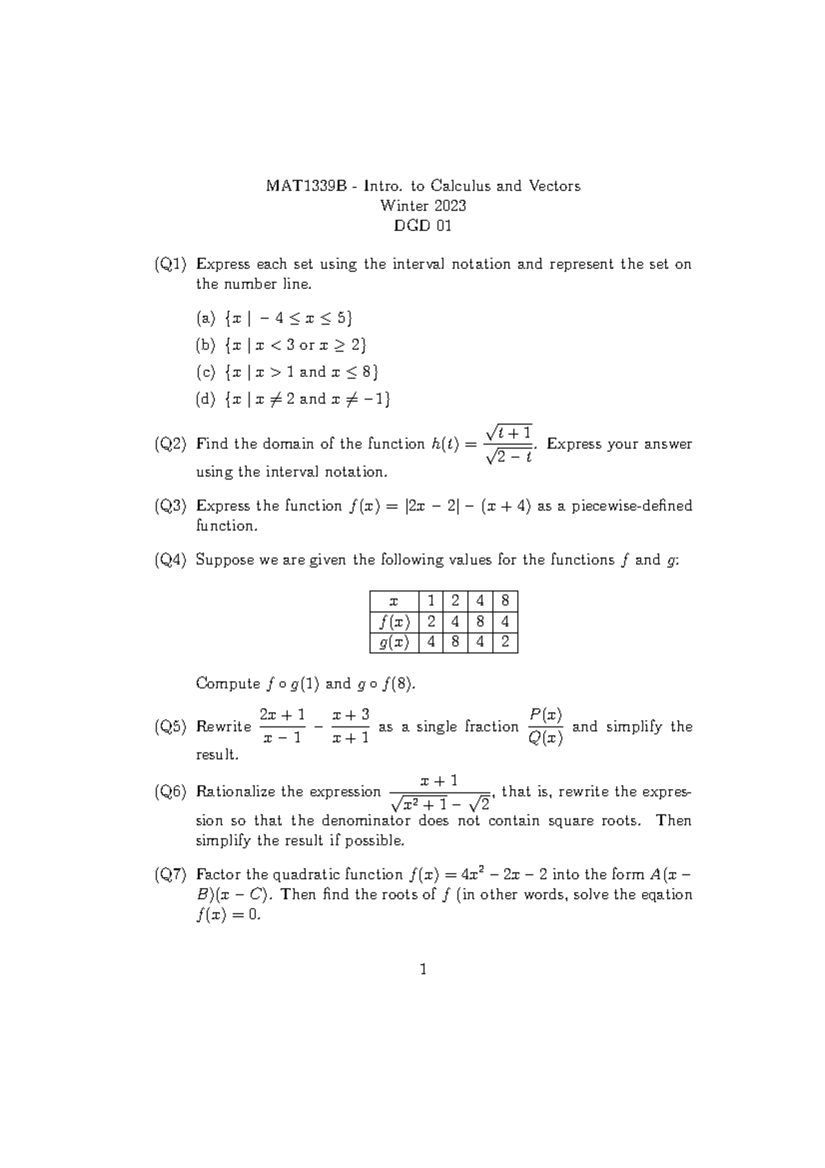 DGD 01 - DGD solution - MAT1339B - Intro. to Calculus and Vectors Winter 2023 DGD 01 (Q1 ...
