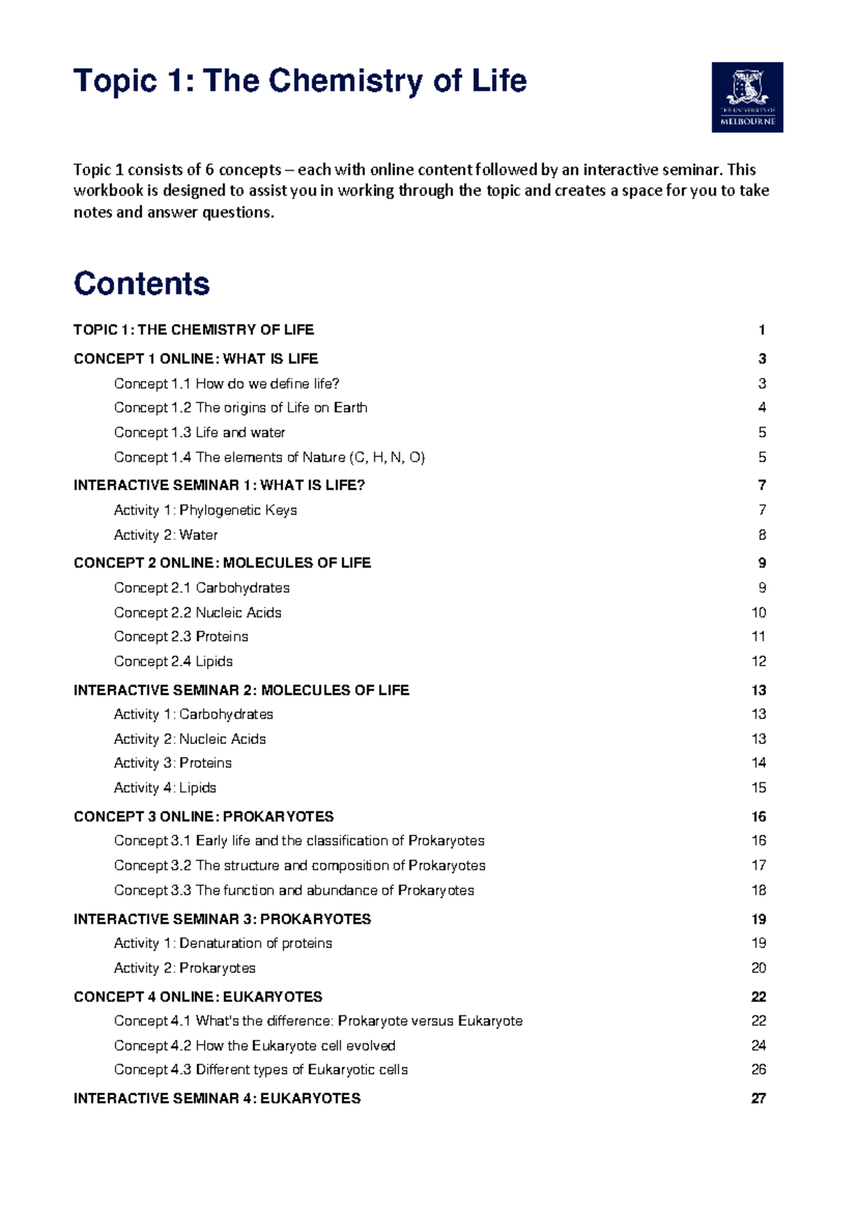 BIOL10002 Topic 1 Workbook Sem 1 2024 - Topic 1: The Chemistry of Life ...