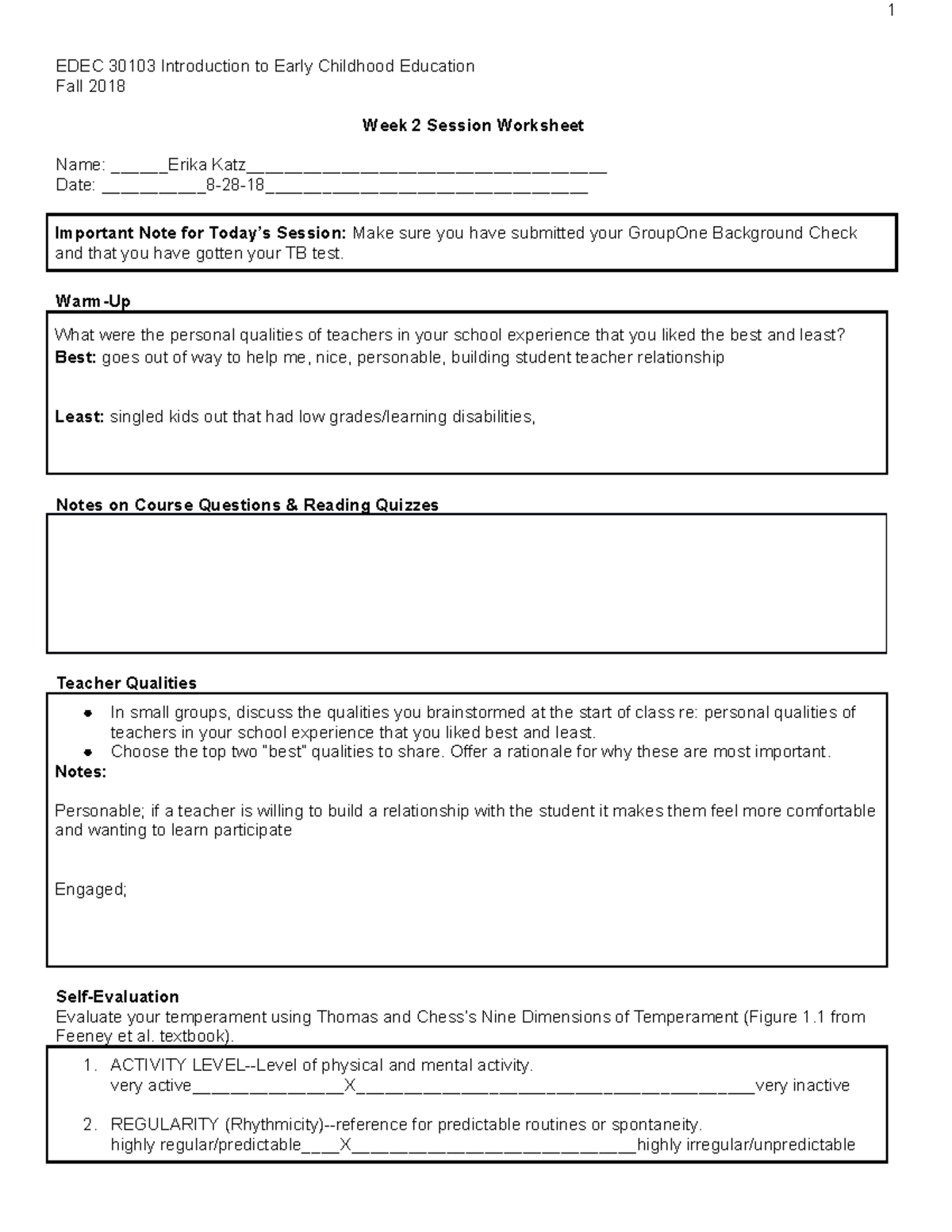 Week 2 Session Worksheet, 8-28-18 - EDEC 30103 Introduction to Early ...