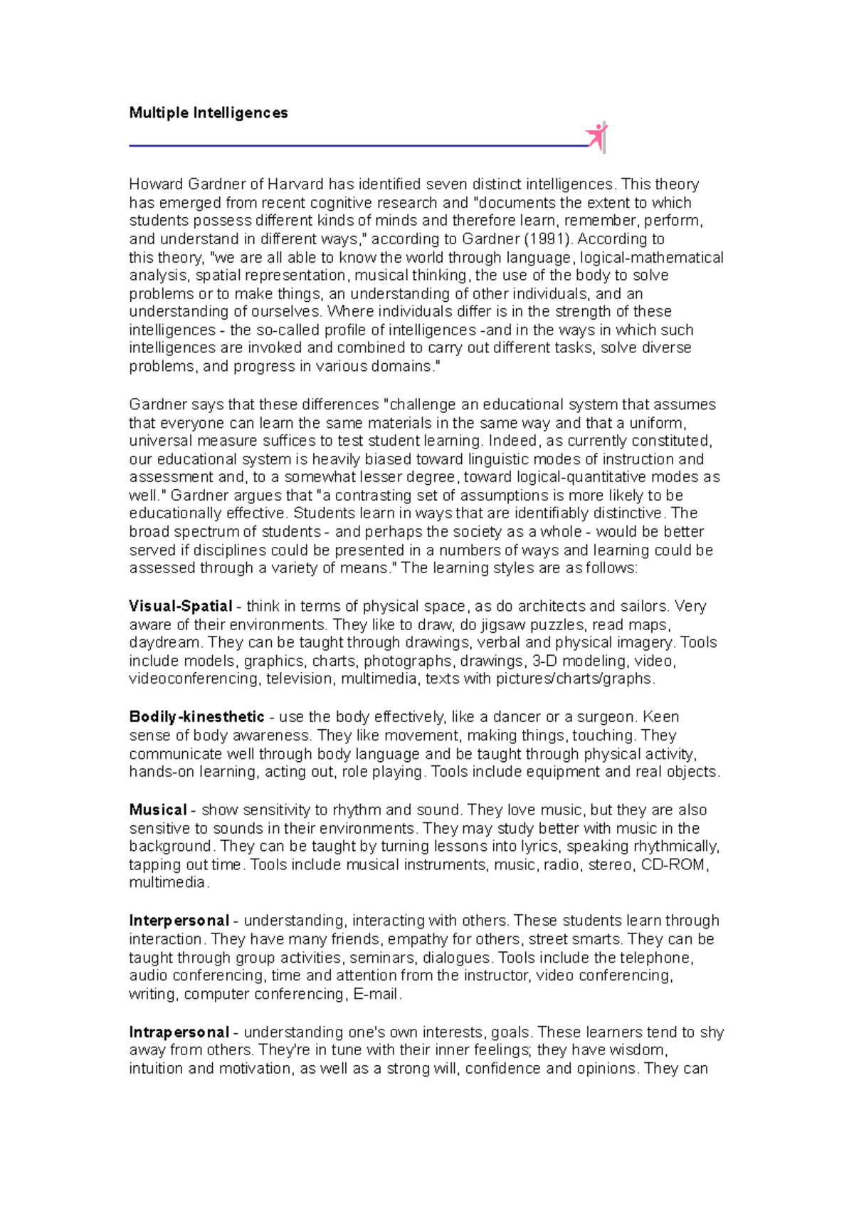 Multiple Intelligences - Multiple Intelligences Howard Gardner of ...