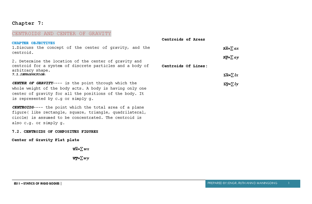 ES 11-Module 07 - Lecture notes - Chapter 7: CENTROIDS AND CENTER OF ...