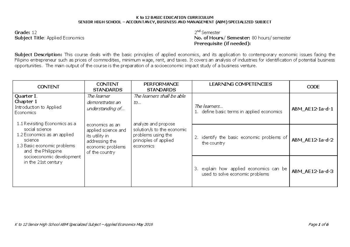 Applied Economics - Course Syllabus - SENIOR HIGH SCHOOL – ACCOUNTANCY ...