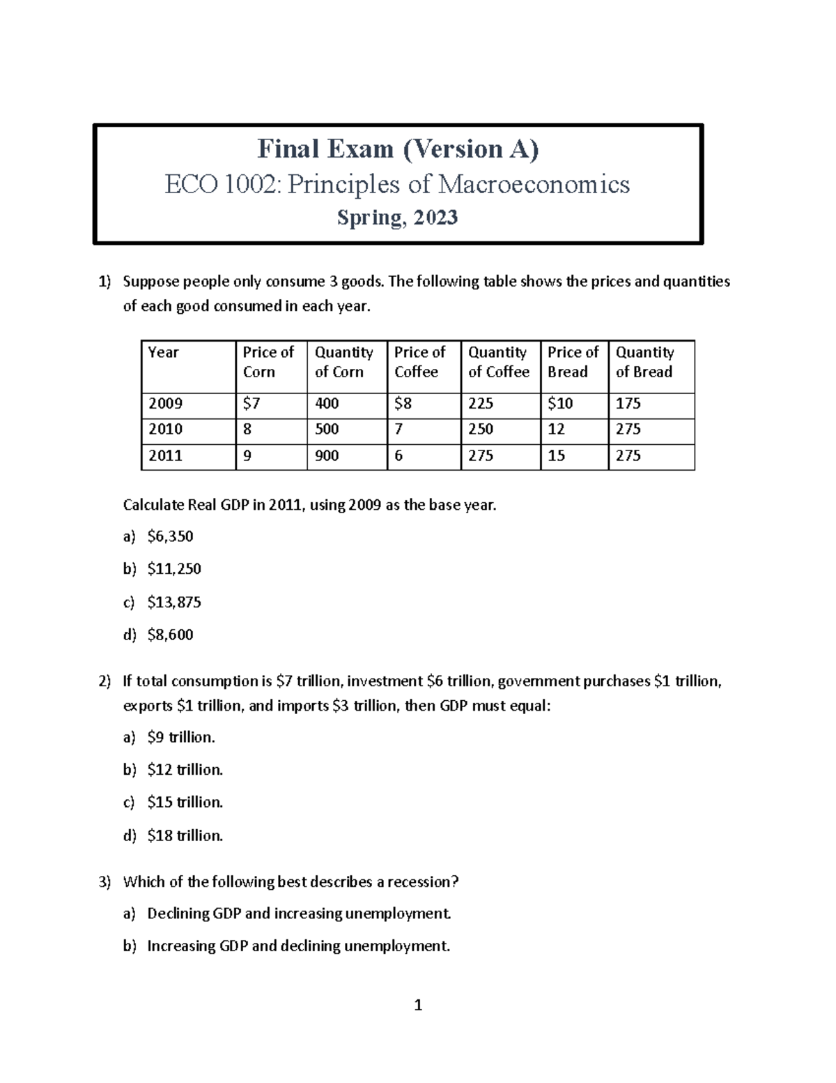 ECO1002Final Spring 2023 VA - Suppose people only consume 3 goods. The ...