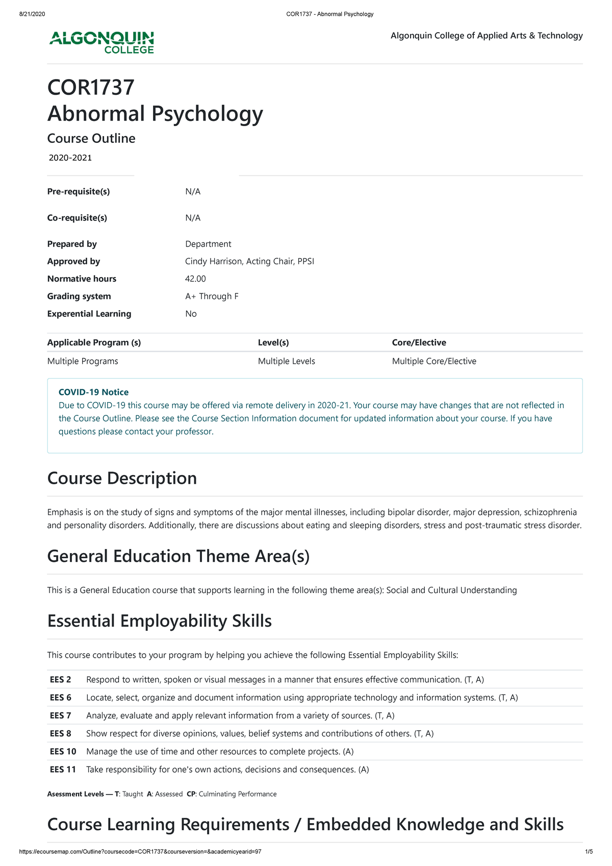 COR1737 - Abnormal Psychology - COR Abnormal Psychology Course Outline ...