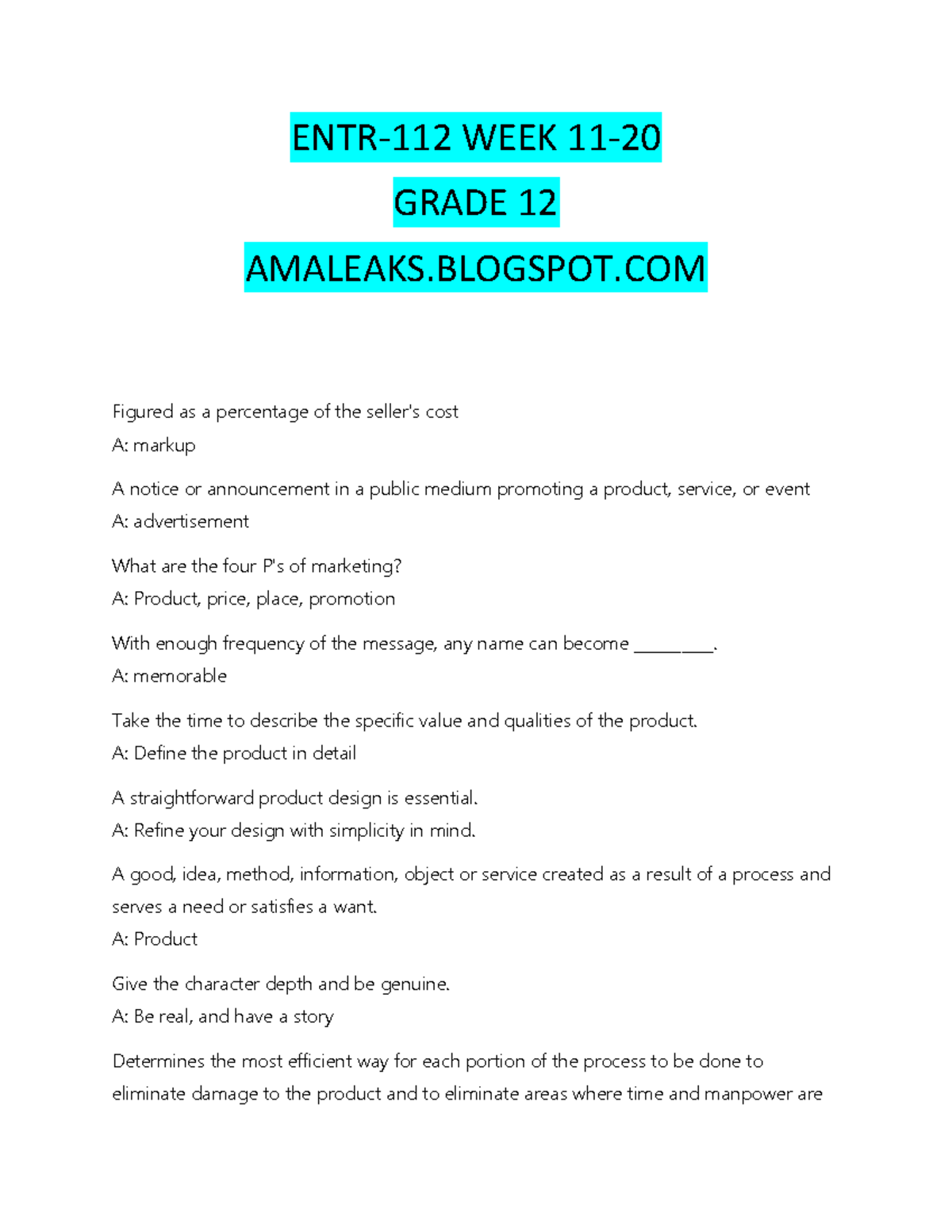 [ Amaleaks. Blogspot.COM] (ENTR-122) - Grade 12 Week 11-20 - ENTR-112 ...