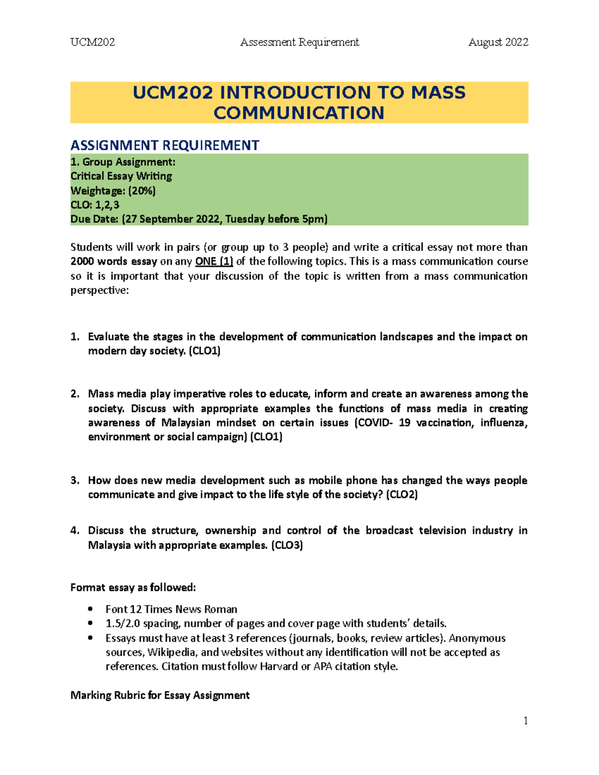 Assignment - hello, im okayy - UCM202 INTRODUCTION TO MASS ...