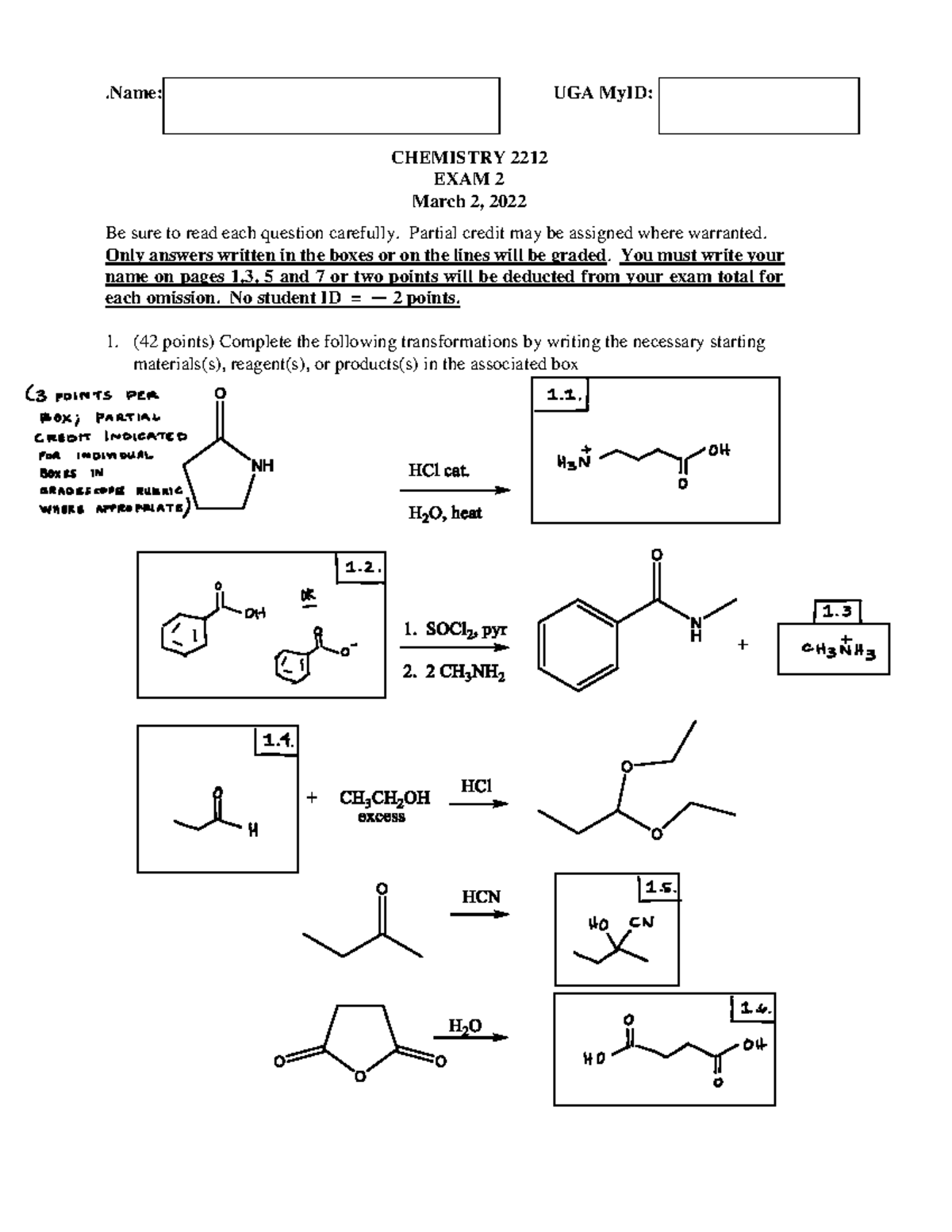 CHEM 2212 - Exam 2 KEY - Spring 2022 - .Name: UGA MyID: CHEMISTRY 2212 ...