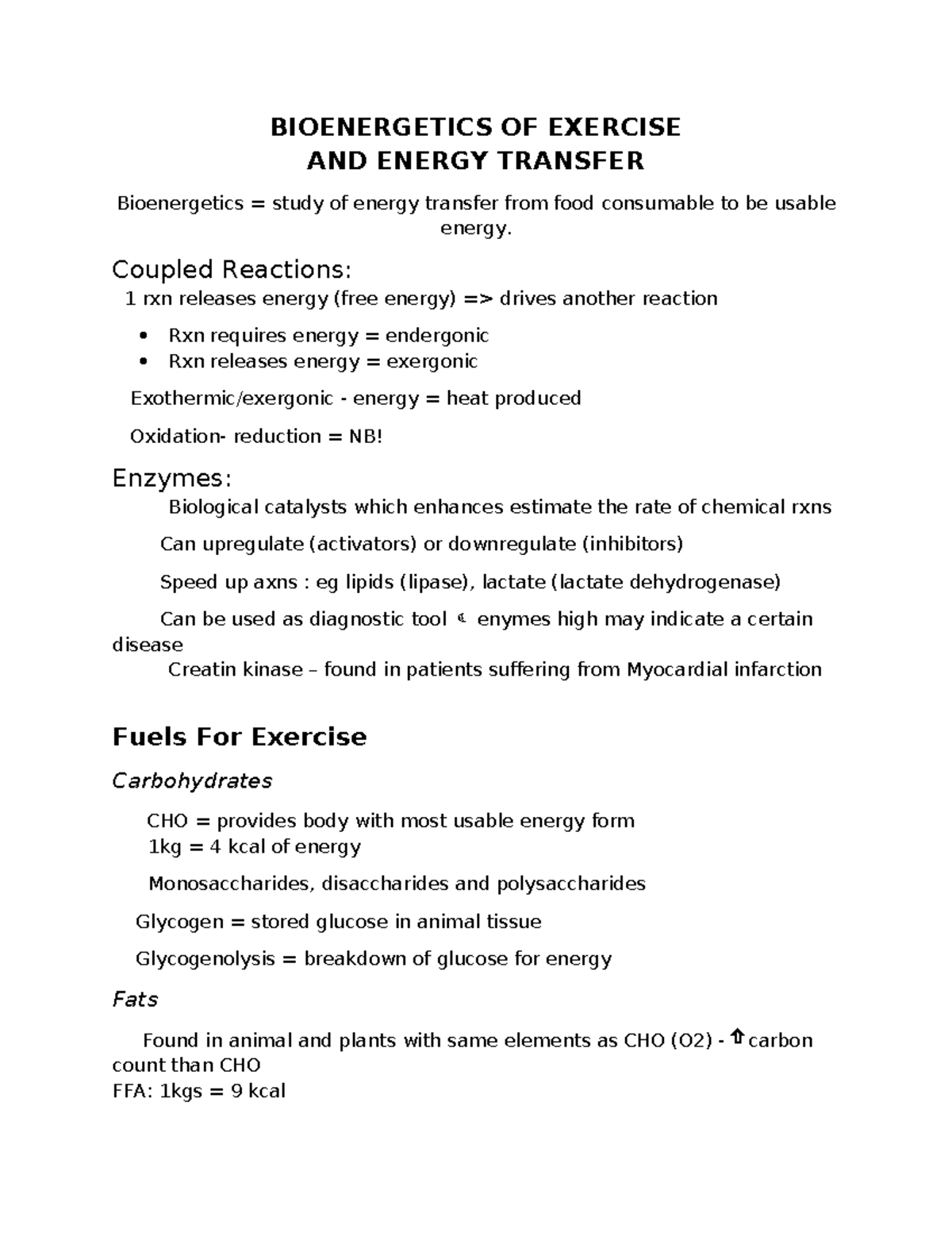 Bio Energetics notes - BIOENERGETICS OF EXERCISE AND ENERGY TRANSFER ...
