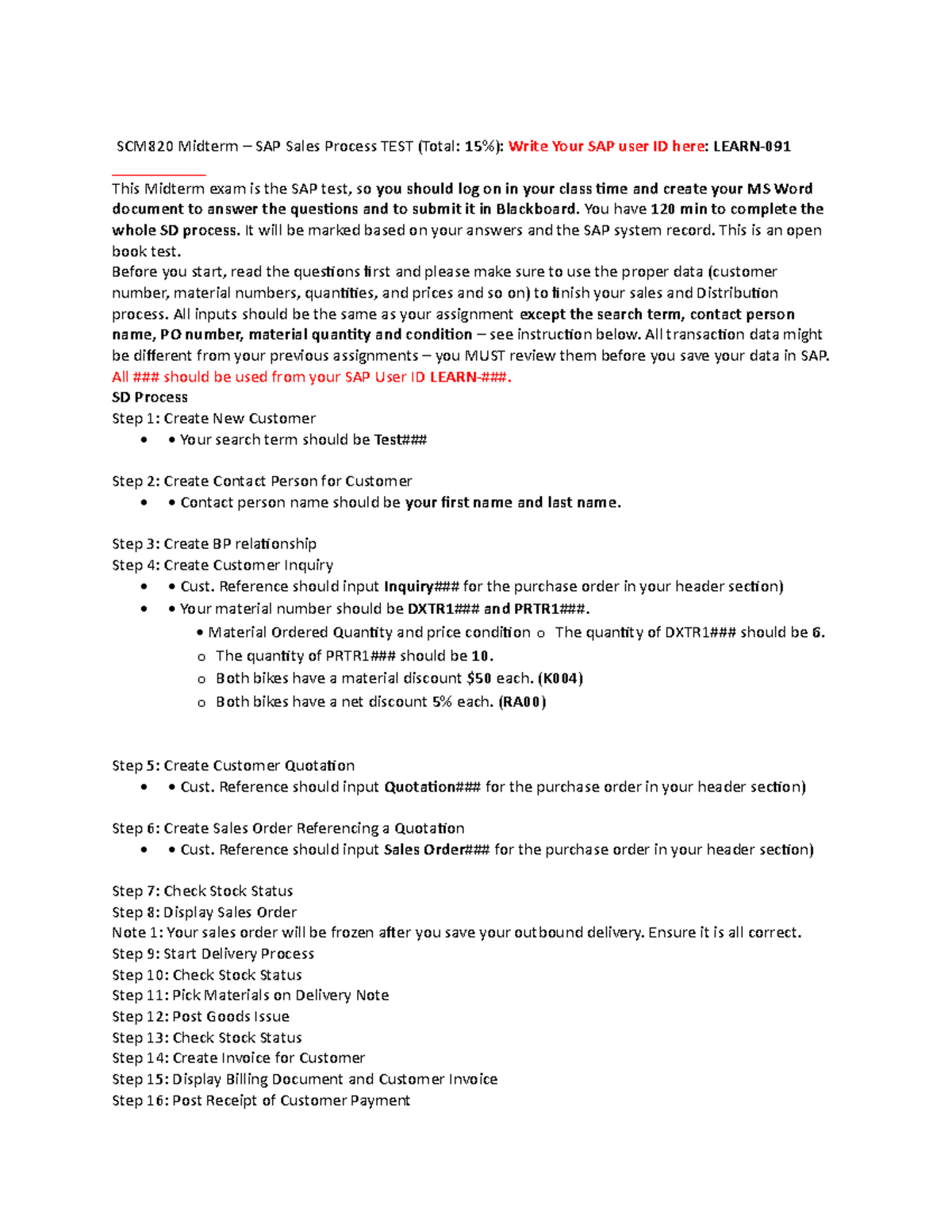 TEST - test of sap - SCM820 Midterm – SAP Sales Process TEST (Total: 15 ...