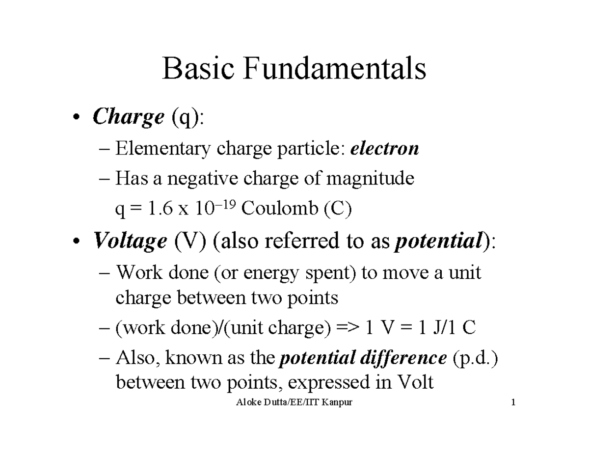 Ch 1 - Basic Fundamentals - Basic Fundamentals Charge (q): Elementary ...