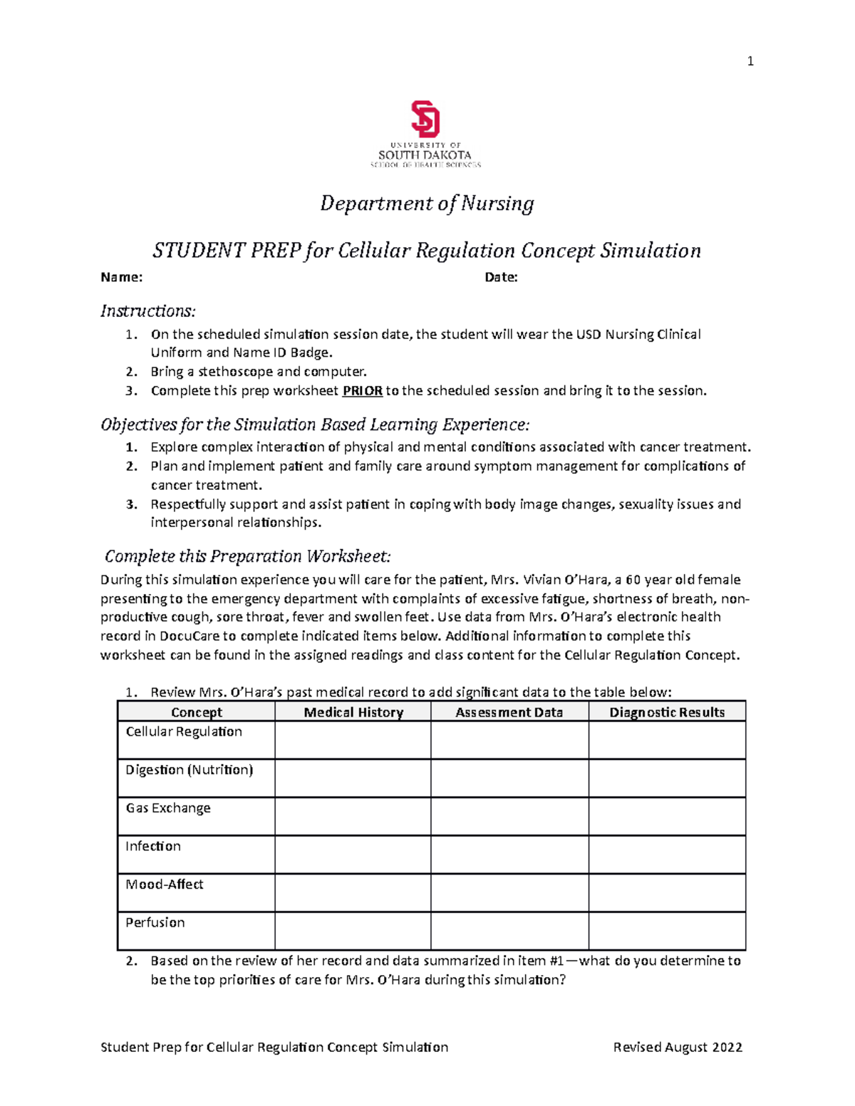 Unit 3 - Cellular Regulation sim prep - 1 Department of Nursing STUDENT ...