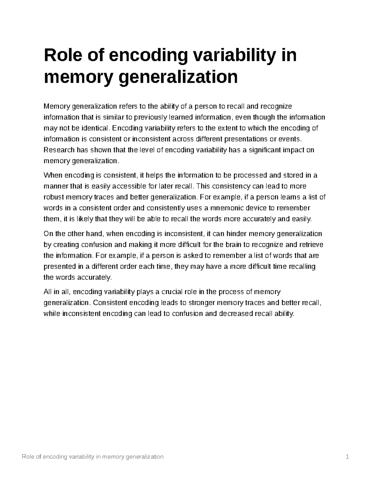 Role Of Encoding Variability In Memory Generalization Encoding