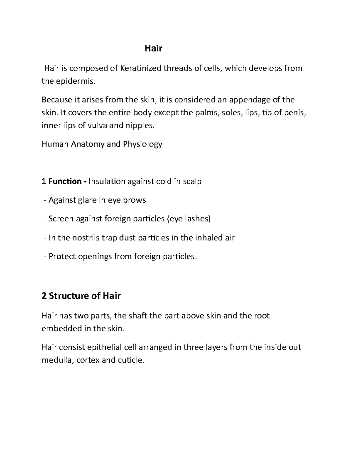 Hair NOTES PDF SHARDA UNI - Hair Hair is composed of Keratinized ...