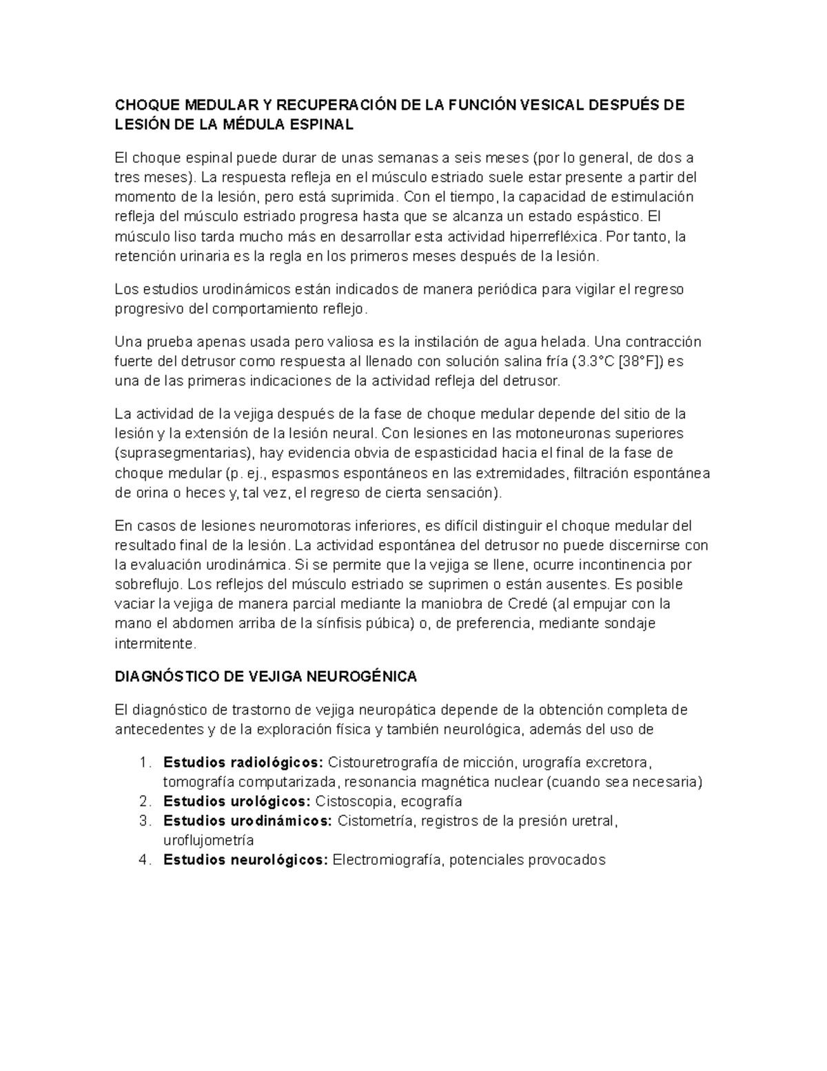 Choque Medular Y Recuperación DE LA Función Vesical Después DE Lesión ...