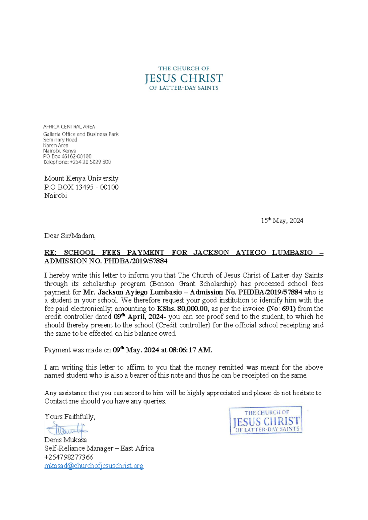 Letter to MKU Accounts as Proof of Payment - : Mount Kenya University P ...