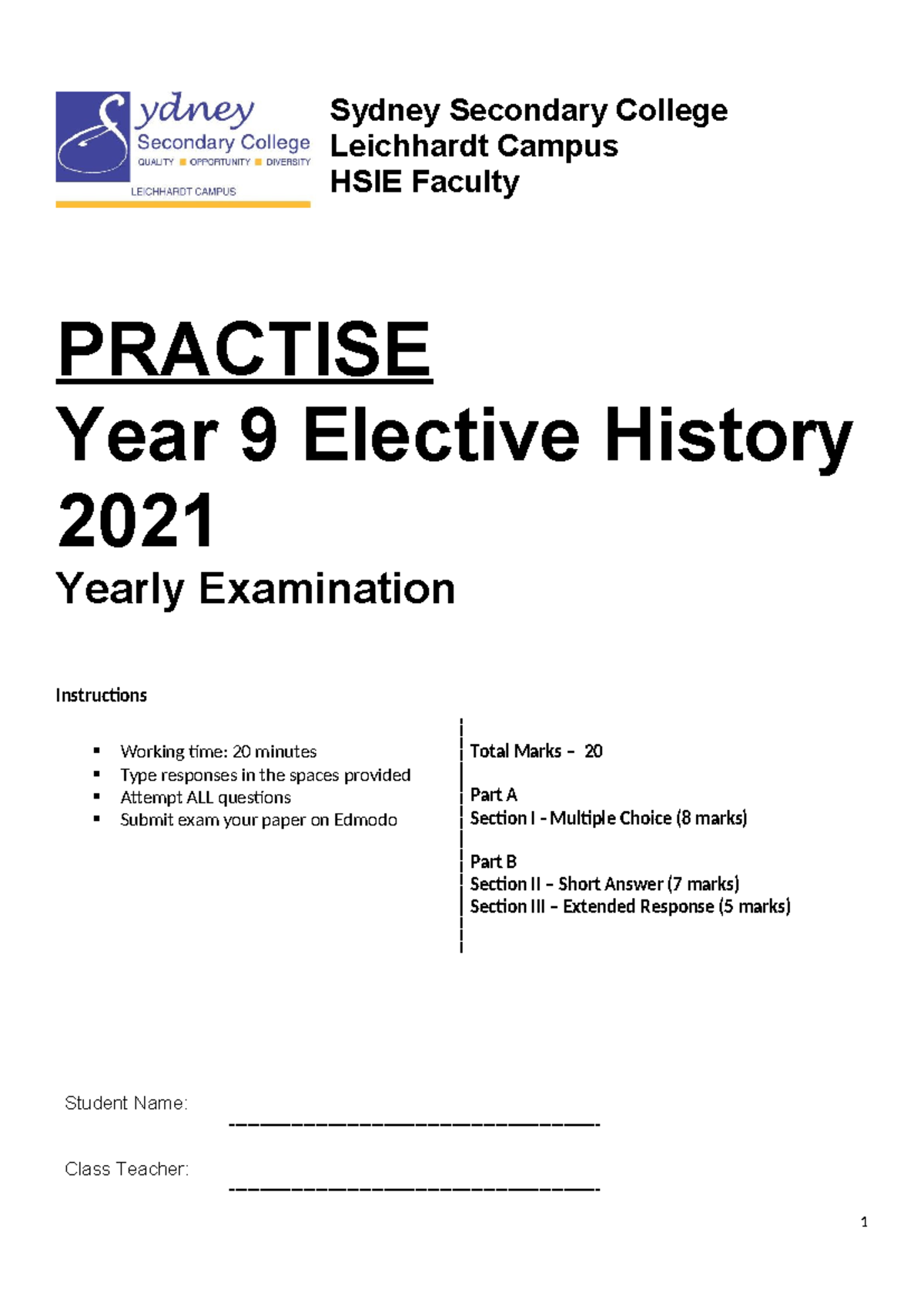 9EHIS Practise Test - Sydney Secondary College Leichhardt Campus HSIE ...