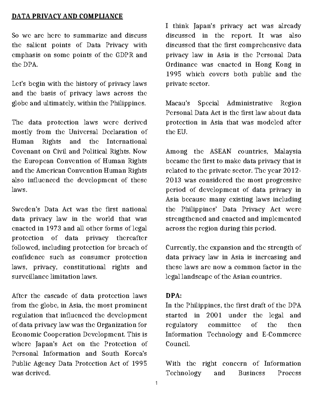 Elective - Transcription - DATA PRIVACY AND COMPLIANCE So we are here ...