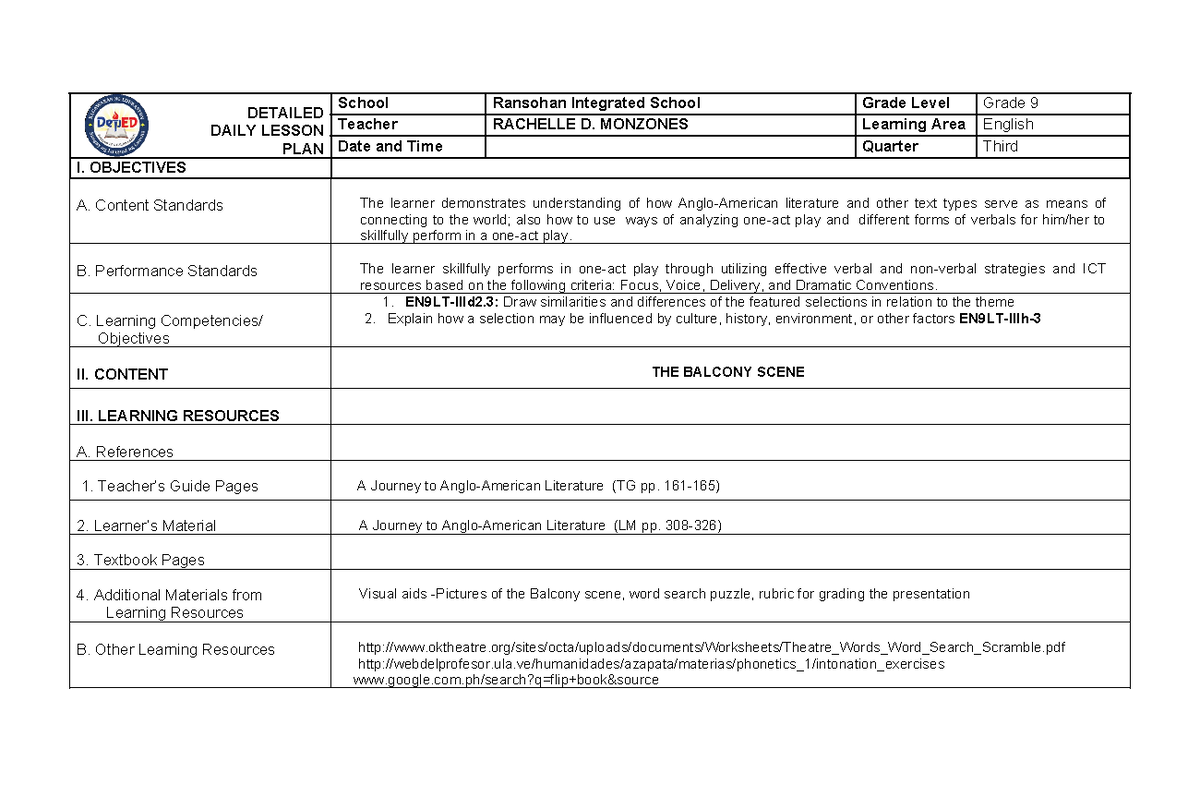 Balcony Scene 2 3RD - DETAILED DAILY LESSON PLAN School Ransohan ...
