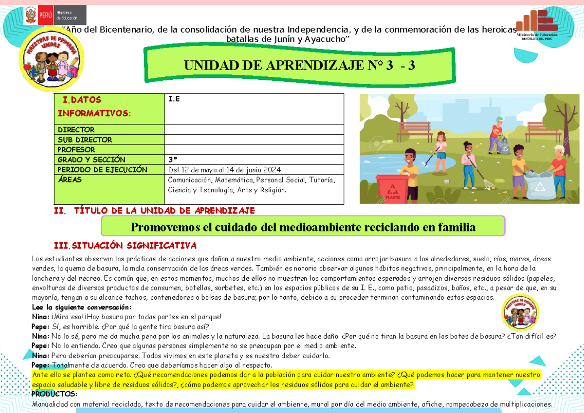 3° Unidad 3 Cuidamos EL Ambiente Reciclando EN Familia 933623393 PROF ...