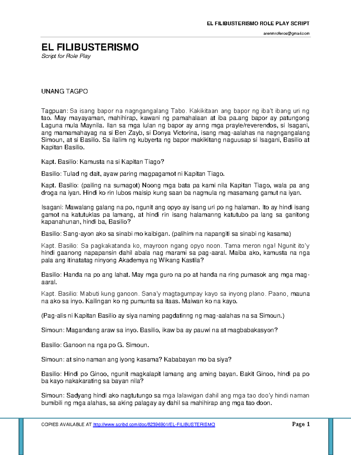 Pdfcoffee - arenmroferos@gmail EL FILIBUSTERISMO Script for Role Play UNANG TAGPO Tagpuan: Sa ...