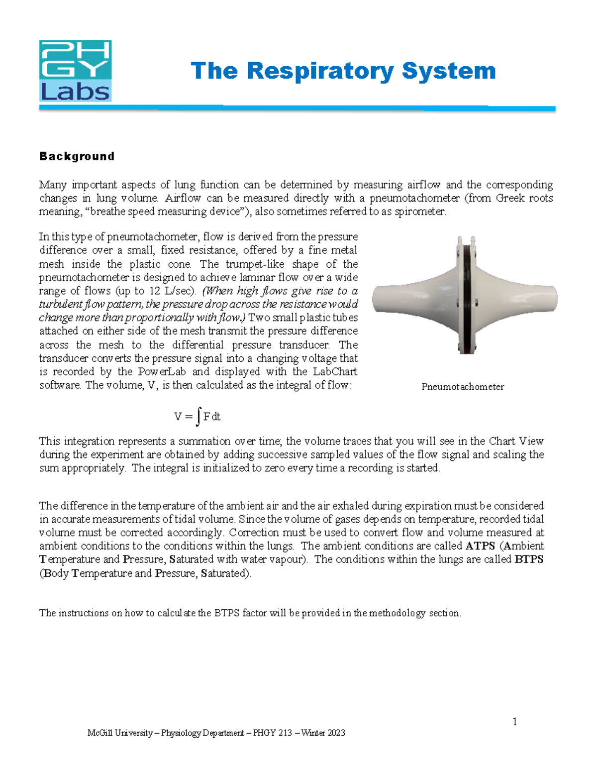 Respiration Lab Manual - 1 The Respiratory System Background Many ...