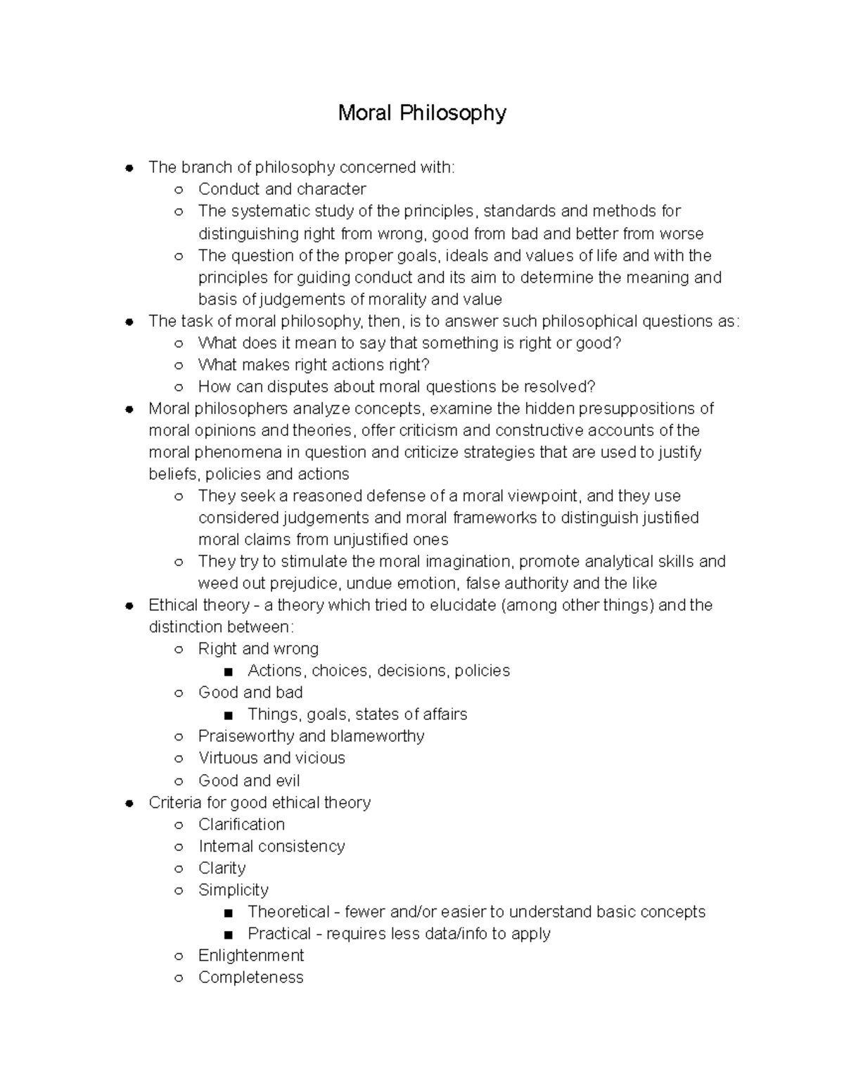 PHIL 1175 - Moral Philosophy - Moral Philosophy The branch of philosophy concerned with: Conduct ...