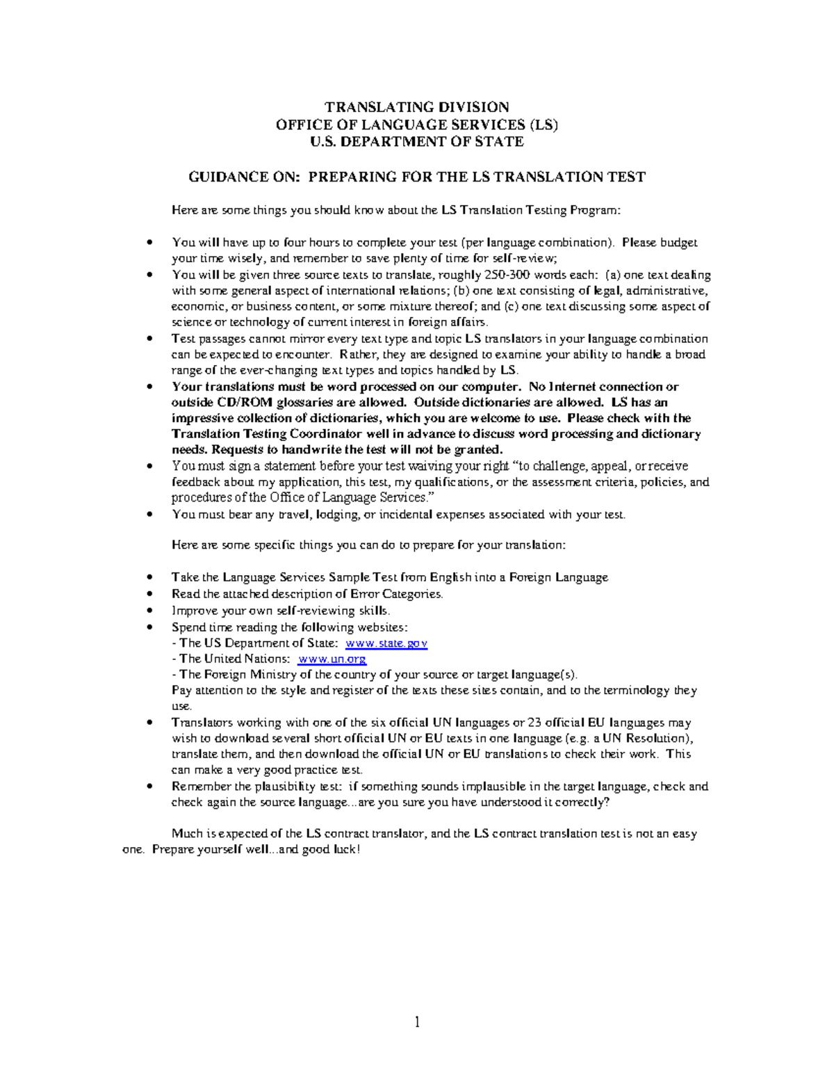 Guidance on Preparing for the Translation Test - TRANSLATING DIVISION ...