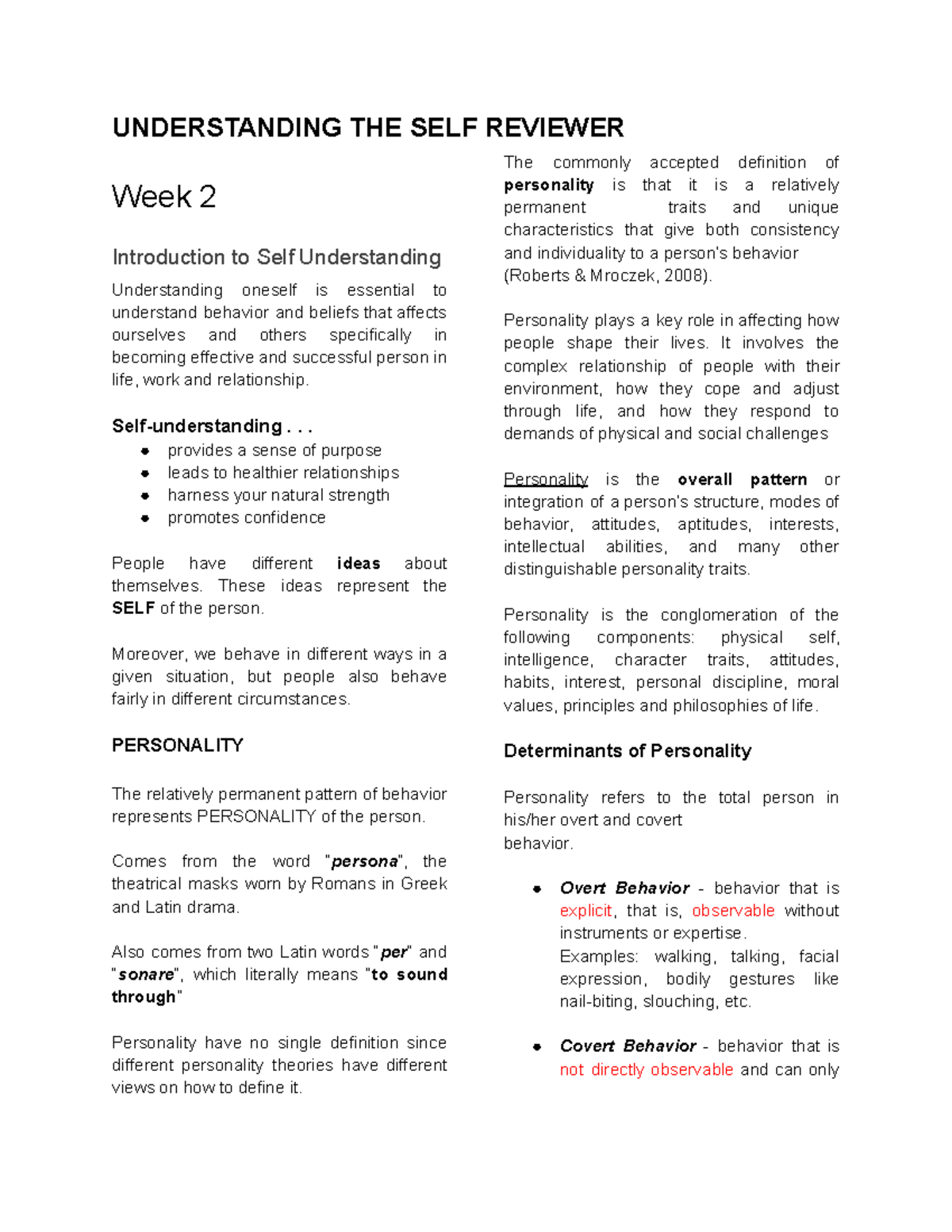 UTS Reviewer - Study - UNDERSTANDING THE SELF REVIEWER Week 2 ...