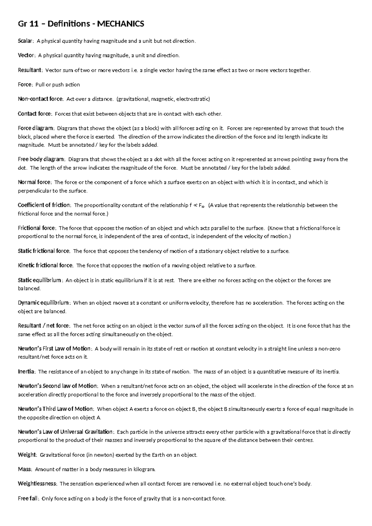 Definitions - Useful doc - Gr 11 – Definitions - MECHANICS Scalar: A ...