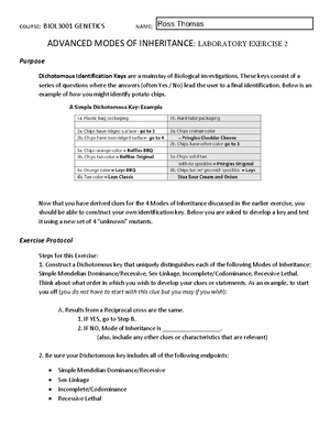 Mendelian Genetics - Exercise 1 - COURSE: BIOL 3001 GENETICS NAME ...