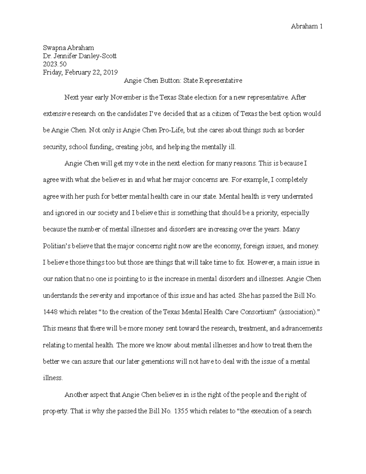 Angie Chen State Rep Paper - Swapna Abraham Dr. Jennifer Danley-Scott ...